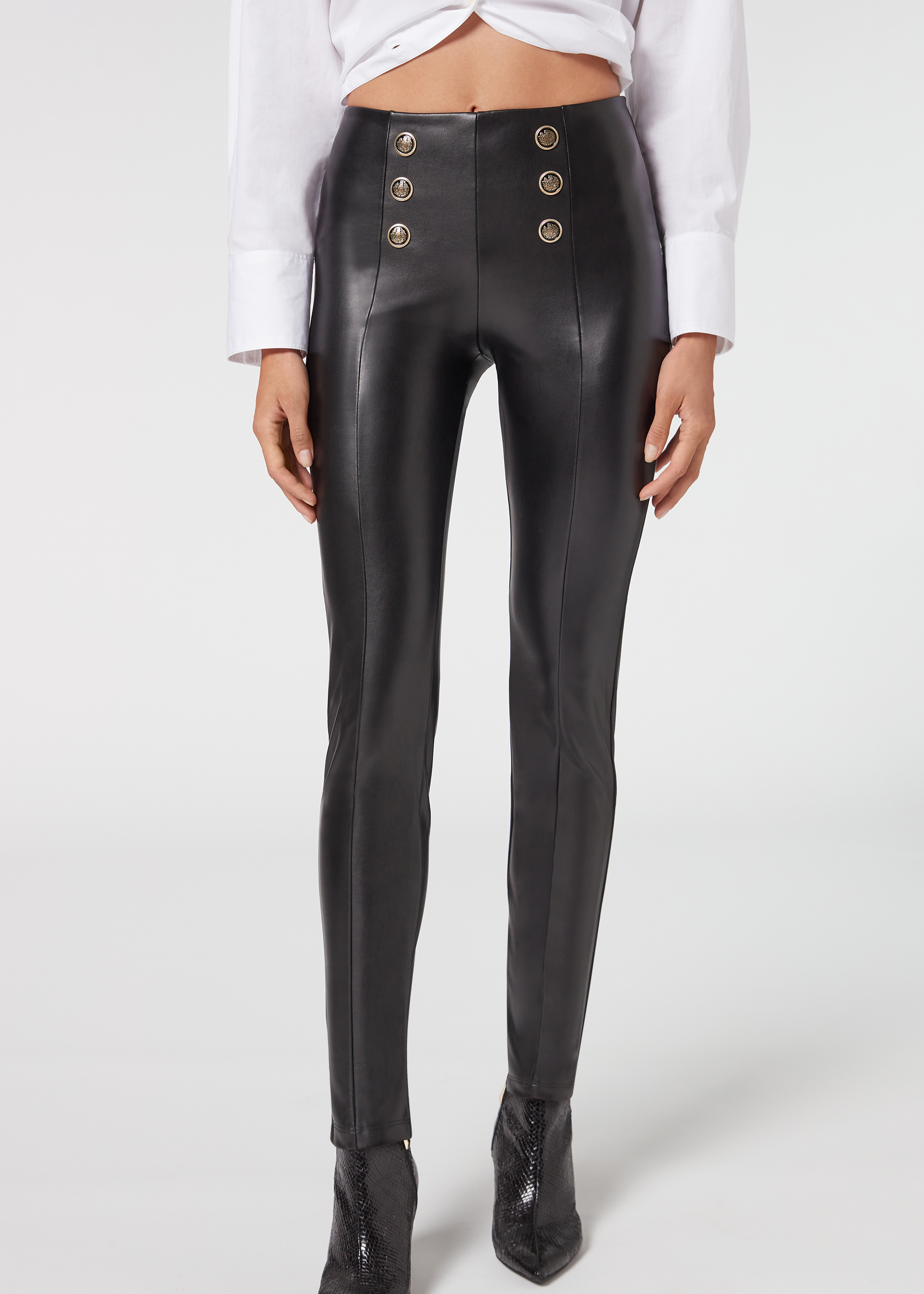 Skinny Sailor Coated-Effect Leggings with Buttons - Leggings and Jeans ...